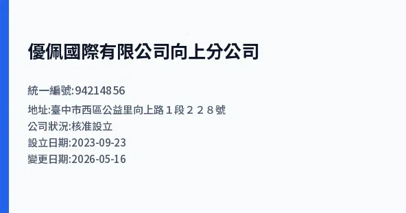 優佩國際有限公司向上分公司的照片-統編 94214856(臺中市) 公司登記資料與營業項目詳細圖表