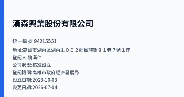 漢森興業股份有限公司的照片-統編 94215551(高雄市) 公司登記資料與營業項目詳細圖表