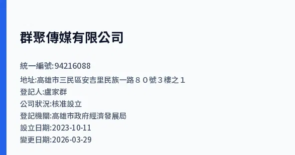 群聚傳媒有限公司的照片-統編 94216088(高雄市) 公司登記資料與營業項目詳細圖表
