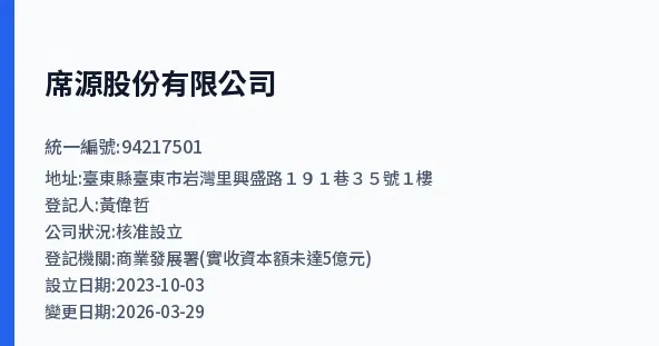 席源股份有限公司的照片-統編 94217501(臺東縣) 公司登記資料與營業項目詳細圖表