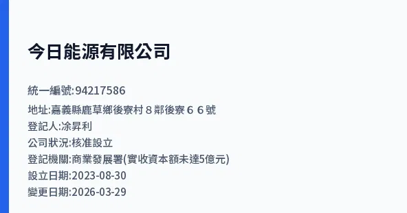 今日能源有限公司的照片-統編 94217586(嘉義縣) 公司登記資料與營業項目詳細圖表