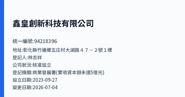 鑫皇創新科技有限公司的照片-統編 94218396(彰化縣) 公司登記資料與營業項目詳細圖表
