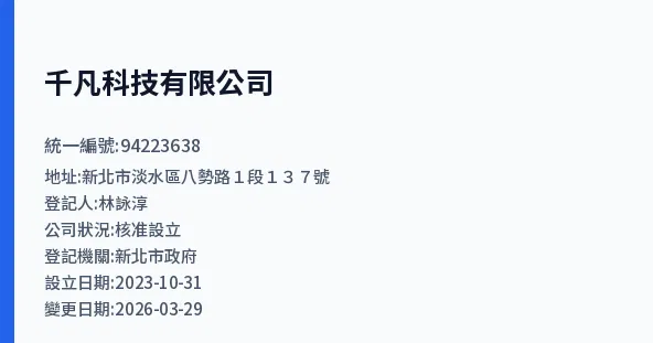 千凡科技有限公司的照片-統編 94223638(新北市) 公司登記資料與營業項目詳細圖表