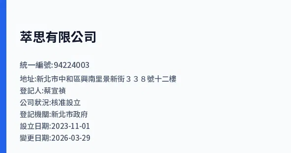 萃思有限公司的照片-統編 94224003(新北市) 公司登記資料與營業項目詳細圖表