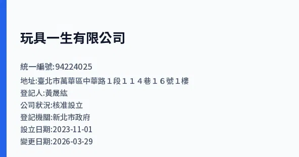 玩具一生有限公司的照片-統編 94224025(臺北市) 公司登記資料與營業項目詳細圖表