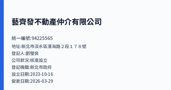 藝齊發不動產仲介有限公司的照片-統編 94225565(新北市) 公司登記資料與營業項目詳細圖表