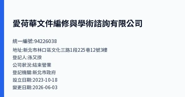 愛荷華文件編修與學術諮詢有限公司的照片-統編 94226038(新北市) 公司登記資料與營業項目詳細圖表