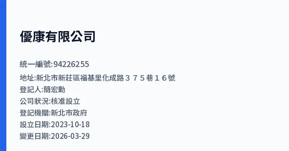 優康有限公司的照片-統編 94226255(新北市) 公司登記資料與營業項目詳細圖表
