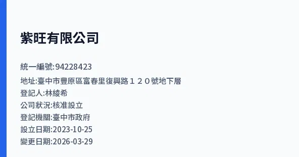 紫旺有限公司的照片-統編 94228423(臺中市) 公司登記資料與營業項目詳細圖表