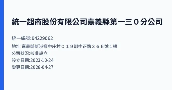 統一超商股份有限公司嘉義縣第一三0分公司的照片-統編 94229062(嘉義縣) 公司登記資料與營業項目詳細圖表