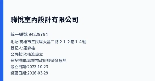 驊悅室內設計有限公司的照片-統編 94229794(高雄市) 公司登記資料與營業項目詳細圖表