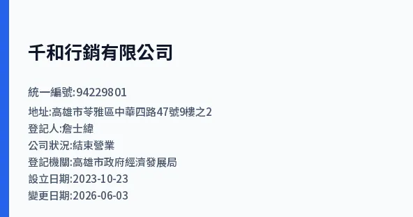 千和行銷有限公司的照片-統編 94229801(高雄市) 公司登記資料與營業項目詳細圖表