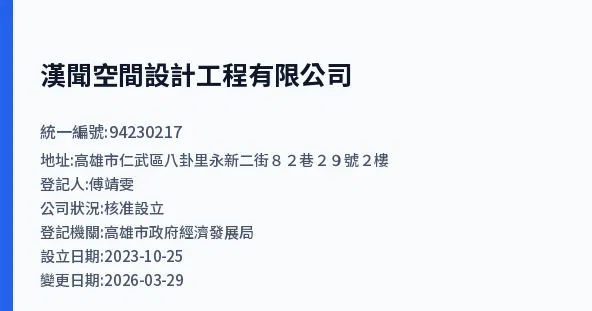 漢聞空間設計工程有限公司的照片-統編 94230217(高雄市) 公司登記資料與營業項目詳細圖表
