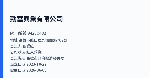 勁富興業有限公司的照片-統編 94230482(高雄市) 公司登記資料與營業項目詳細圖表