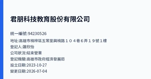 君朋科技教育股份有限公司的照片-統編 94230526(高雄市) 公司登記資料與營業項目詳細圖表
