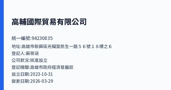 高輔國際貿易有限公司的照片-統編 94230835(高雄市) 公司登記資料與營業項目詳細圖表