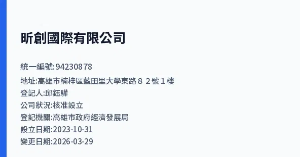 昕創國際有限公司的照片-統編 94230878(高雄市) 公司登記資料與營業項目詳細圖表