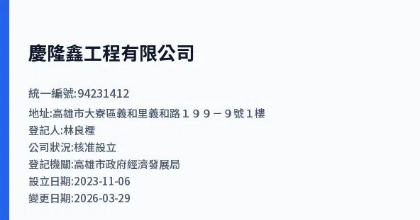 慶隆鑫工程有限公司的照片-統編 94231412(高雄市) 公司登記資料與營業項目詳細圖表