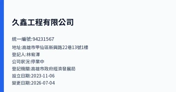 久鑫工程有限公司的照片-統編 94231567(高雄市) 公司登記資料與營業項目詳細圖表