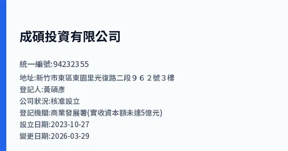 成碩投資有限公司的照片-統編 94232355(新竹市) 公司登記資料與營業項目詳細圖表