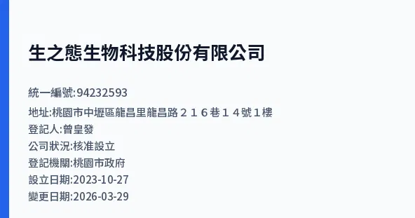 生之態生物科技股份有限公司的照片-統編 94232593(桃園市) 公司登記資料與營業項目詳細圖表