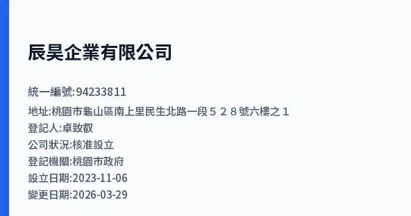 辰昊企業有限公司的照片-統編 94233811(桃園市) 公司登記資料與營業項目詳細圖表