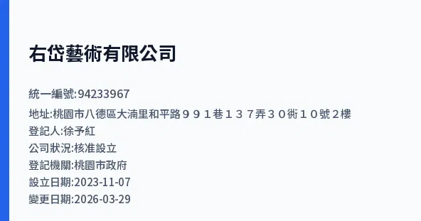 右岱藝術有限公司的照片-統編 94233967(桃園市) 公司登記資料與營業項目詳細圖表