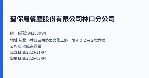 聖保羅餐廳股份有限公司林口分公司的照片-統編 94233994(新北市) 公司登記資料與營業項目詳細圖表