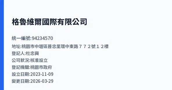 格魯維爾國際有限公司的照片-統編 94234570(桃園市) 公司登記資料與營業項目詳細圖表