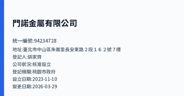 門諾金屬有限公司的照片-統編 94234728(臺北市) 公司登記資料與營業項目詳細圖表