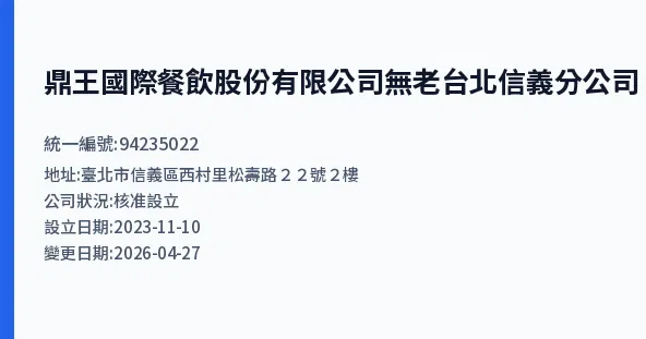 鼎王國際餐飲股份有限公司無老台北信義分公司的照片-統編 94235022(臺北市) 公司登記資料與營業項目詳細圖表