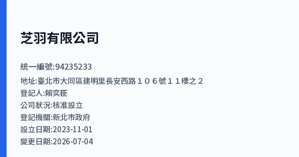 芝羽有限公司的照片-統編 94235233(臺北市) 公司登記資料與營業項目詳細圖表