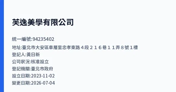 芙逸美學有限公司的照片-統編 94235402(臺北市) 公司登記資料與營業項目詳細圖表