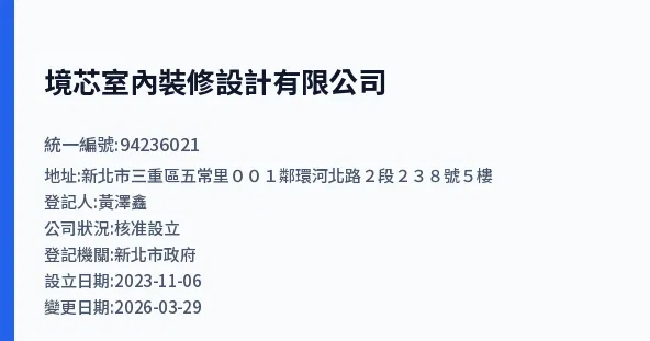 境芯室內裝修設計有限公司的照片-統編 94236021(新北市) 公司登記資料與營業項目詳細圖表
