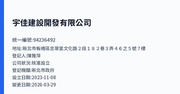 宇佳建設開發有限公司的照片-統編 94236492(新北市) 公司登記資料與營業項目詳細圖表