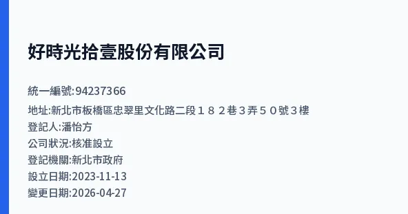 好時光拾壹股份有限公司的照片-統編 94237366(新北市) 公司登記資料與營業項目詳細圖表