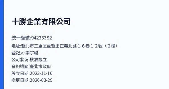 十勝企業有限公司的照片-統編 94238392(新北市) 公司登記資料與營業項目詳細圖表