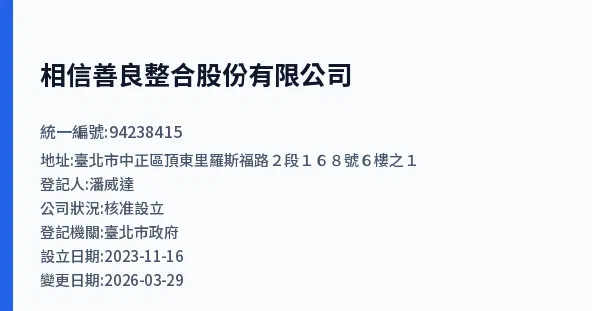 相信善良整合股份有限公司的照片-統編 94238415(臺北市) 公司登記資料與營業項目詳細圖表