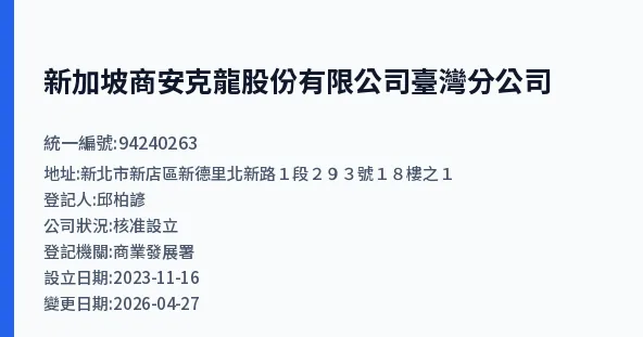 新加坡商安克龍股份有限公司臺灣分公司的照片-統編 94240263(新北市) 公司登記資料與營業項目詳細圖表
