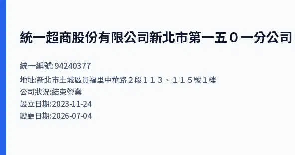 統一超商股份有限公司新北市第一五0一分公司的照片-統編 94240377(新北市) 公司登記資料與營業項目詳細圖表