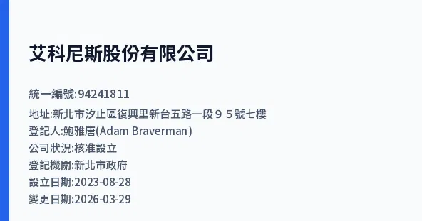 艾科尼斯股份有限公司的照片-統編 94241811(新北市) 公司登記資料與營業項目詳細圖表