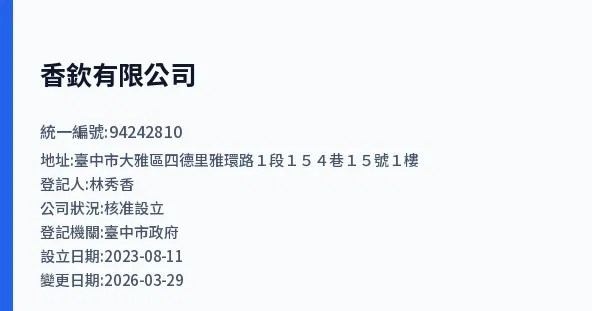 香欽有限公司的照片-統編 94242810(臺中市) 公司登記資料與營業項目詳細圖表