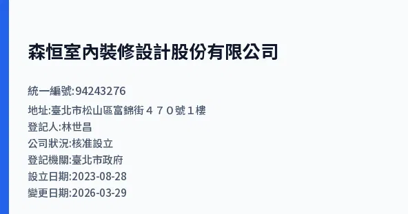 森恒室內裝修設計股份有限公司的照片-統編 94243276(臺北市) 公司登記資料與營業項目詳細圖表