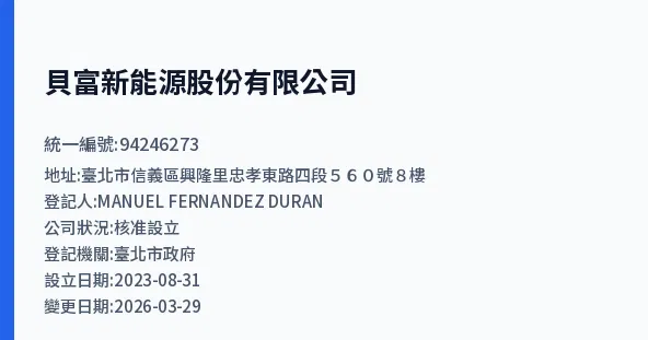 貝富新能源股份有限公司的照片-統編 94246273(臺北市) 公司登記資料與營業項目詳細圖表