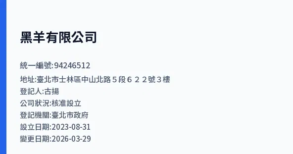 黑羊有限公司的照片-統編 94246512(臺北市) 公司登記資料與營業項目詳細圖表