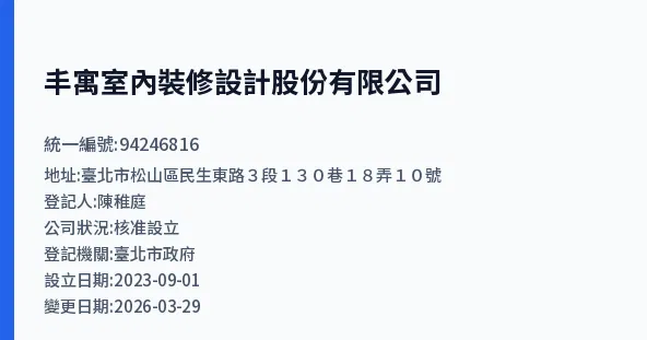 丰寓室內裝修設計股份有限公司的照片-統編 94246816(臺北市) 公司登記資料與營業項目詳細圖表