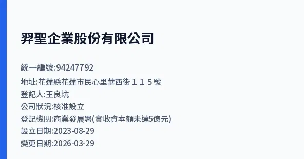 羿聖企業股份有限公司的照片-統編 94247792(花蓮縣) 公司登記資料與營業項目詳細圖表