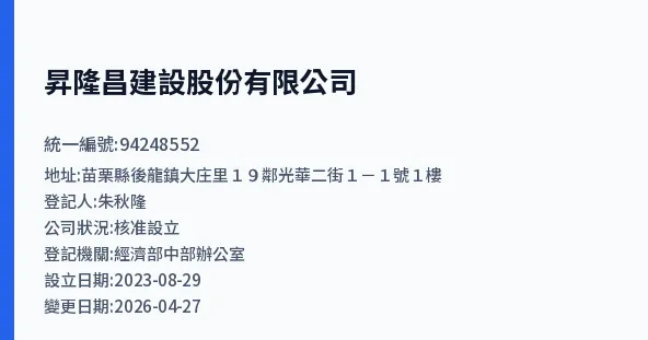 昇隆昌建設股份有限公司的照片-統編 94248552(苗栗縣) 公司登記資料與營業項目詳細圖表