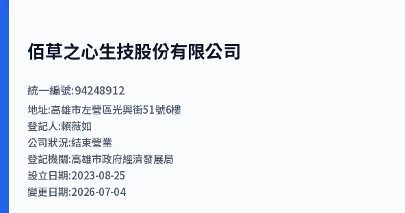 佰草之心生技股份有限公司的照片-統編 94248912(高雄市) 公司登記資料與營業項目詳細圖表
