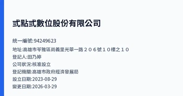弎點弎數位股份有限公司的照片-統編 94249623(高雄市) 公司登記資料與營業項目詳細圖表